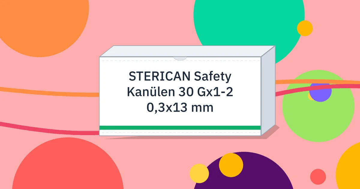 Symbolbild: Packung mit der Aufschrift STERICAN Safety Kanülen 30 Gx1-2 0,3x13 mm (PZN 18472395) – Verfügbarkeit und Bezug in Apotheken in Frankfurt am Main