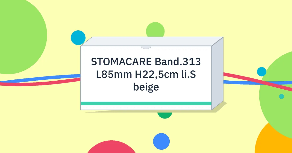 Symbolbild: Packung mit der Aufschrift STOMACARE Band.313 L85mm H22,5cm li.S beige (PZN 10840712) – Verfügbarkeit und Bezug in Apotheken in Frankfurt am Main