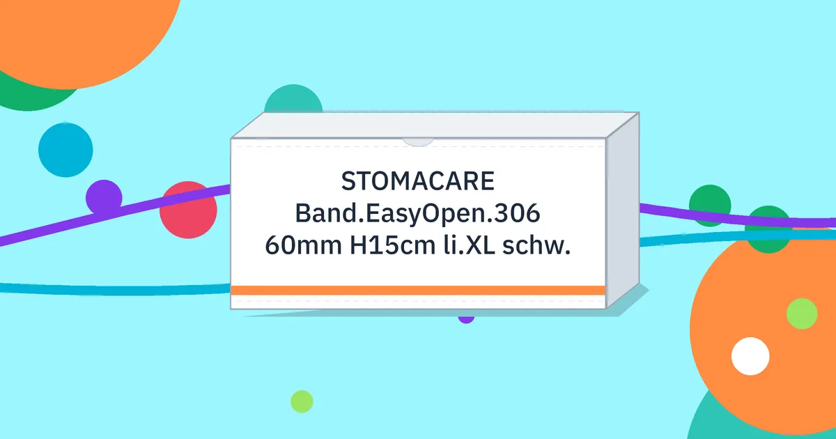 Symbolbild: Packung mit der Aufschrift STOMACARE Band.EasyOpen.306 60mm H15cm li.XL schw. (PZN 09437402) – Verfügbarkeit und Bezug in Apotheken in Frankfurt am Main