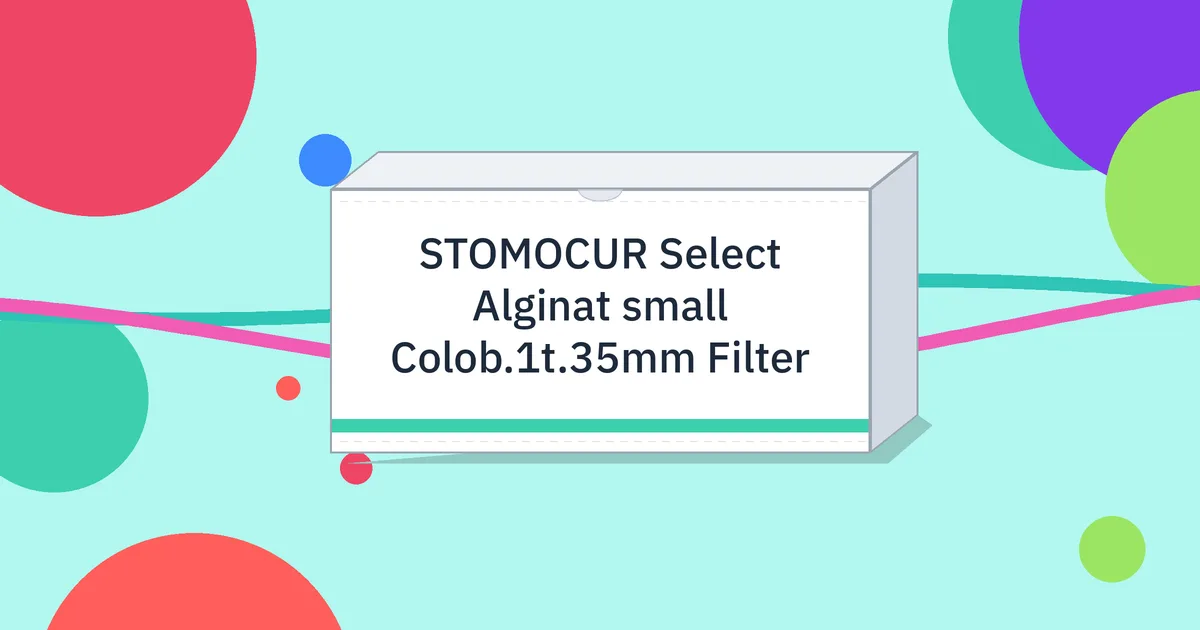 Symbolbild: Packung mit der Aufschrift STOMOCUR Select Alginat small Colob.1t.35mm Filter (PZN 14061643) – Verfügbarkeit und Bezug in Apotheken in Frankfurt am Main