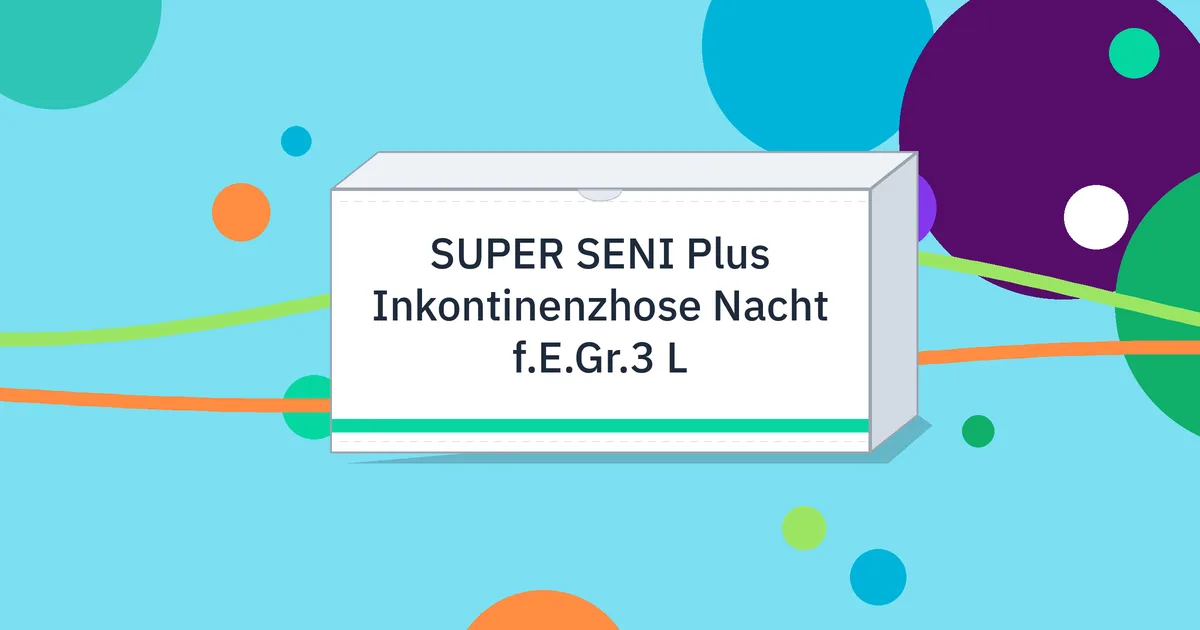 Symbolbild: Packung mit der Aufschrift SUPER SENI Plus Inkontinenzhose Nacht f.E.Gr.3 L (PZN 18011702) – Verfügbarkeit und Bezug in Apotheken in Frankfurt am Main