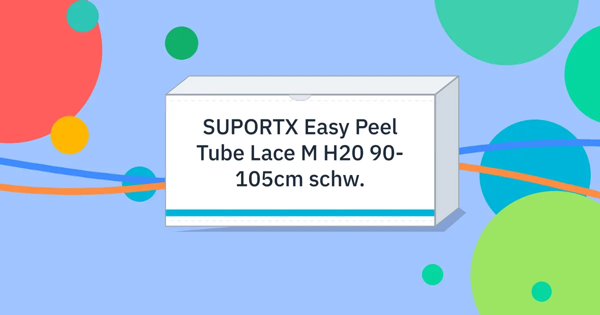 Symbolbild: Packung mit der Aufschrift SUPORTX Easy Peel Tube Lace M H20 90-105cm schw. (PZN 09487015) – Verfügbarkeit und Bezug in Apotheken in Frankfurt am Main