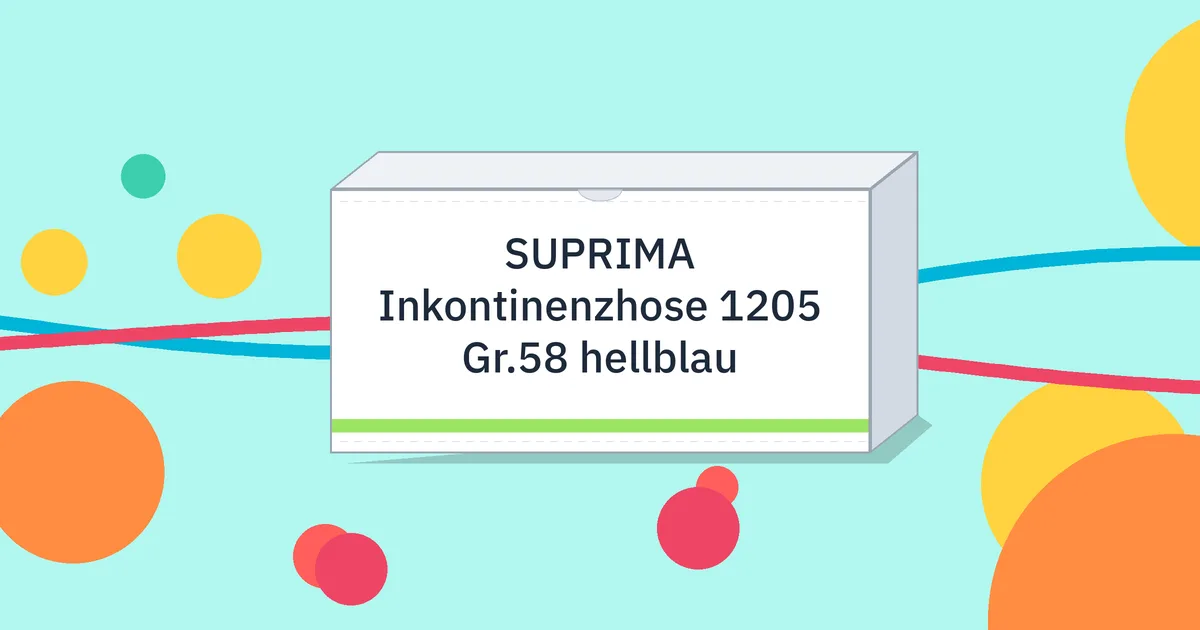 Symbolbild: Packung mit der Aufschrift SUPRIMA Inkontinenzhose 1205 Gr.58 hellblau (PZN 03020658) – Verfügbarkeit und Bezug in Apotheken in Frankfurt am Main