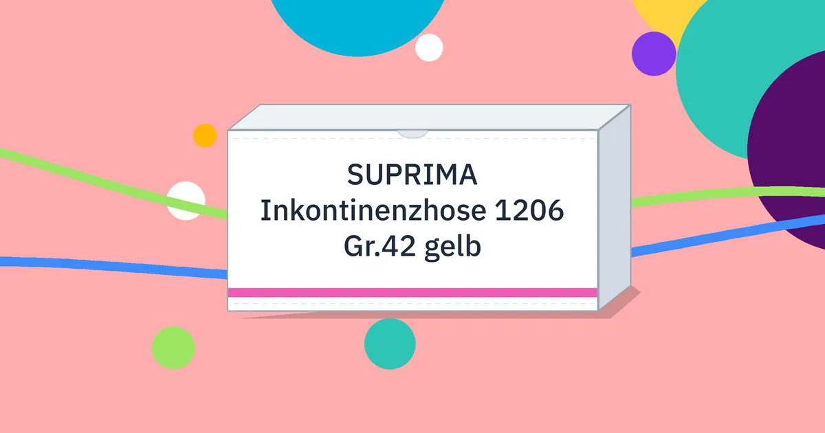 Symbolbild: Packung mit der Aufschrift SUPRIMA Inkontinenzhose 1206 Gr.42 gelb (PZN 01514853) – Verfügbarkeit und Bezug in Apotheken in Frankfurt am Main
