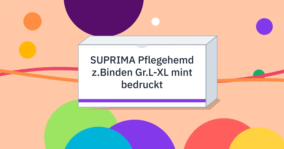 Symbolbild: Packung mit der Aufschrift SUPRIMA Pflegehemd z.Binden Gr.L-XL mint bedruckt (PZN 03067447) – Verfügbarkeit und Bezug in Apotheken in Frankfurt am Main