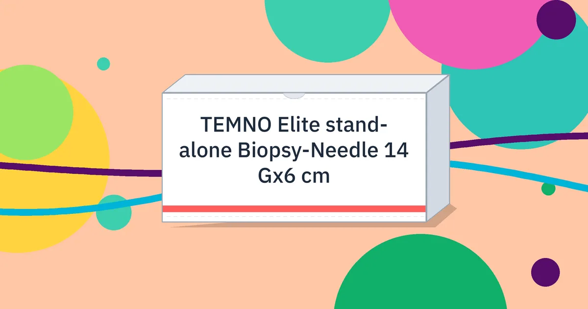 Symbolbild: Packung mit der Aufschrift TEMNO Elite stand-alone Biopsy-Needle 14 Gx6 cm (PZN 18765105) – Verfügbarkeit und Bezug in Apotheken in Frankfurt am Main