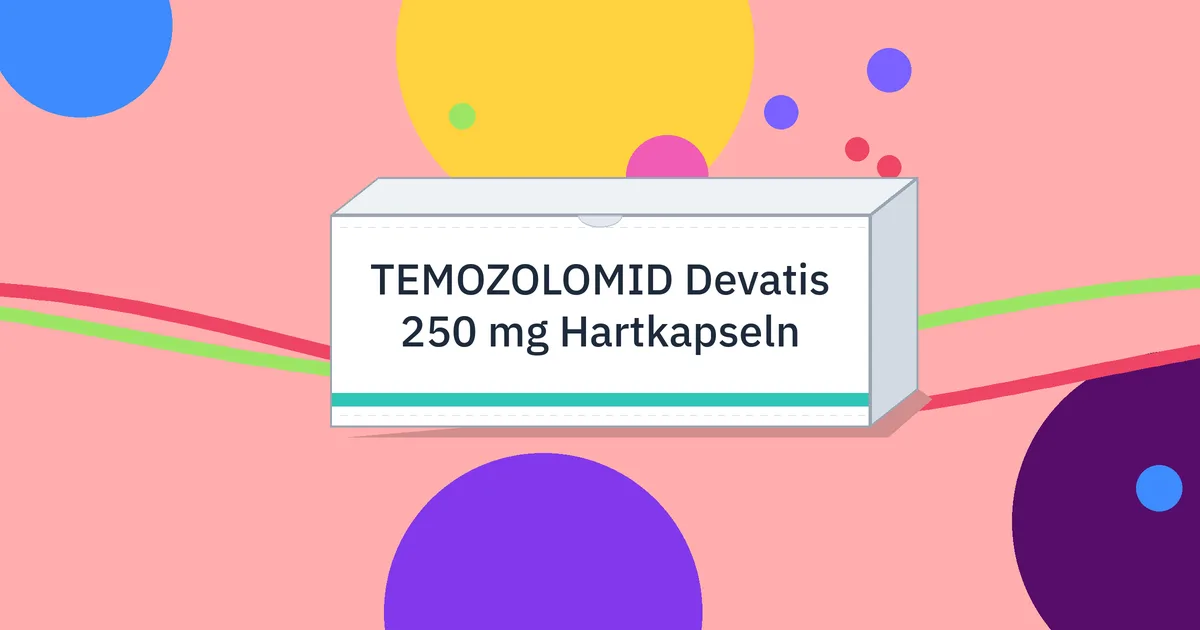 Symbolbild: Packung mit der Aufschrift TEMOZOLOMID Devatis 250 mg Hartkapseln (PZN 17981812) – Verfügbarkeit und Bezug in Apotheken in Frankfurt am Main