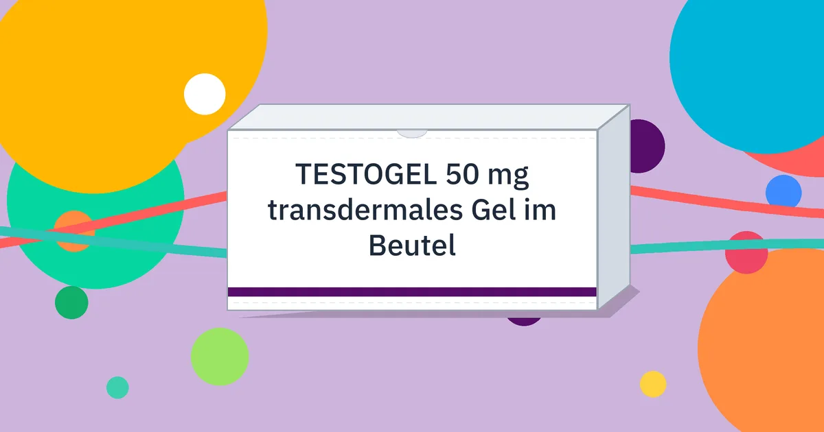 Symbolbild: Packung mit der Aufschrift TESTOGEL 50 mg transdermales Gel im Beutel (PZN 19723126) – Verfügbarkeit und Bezug in Apotheken in Frankfurt am Main