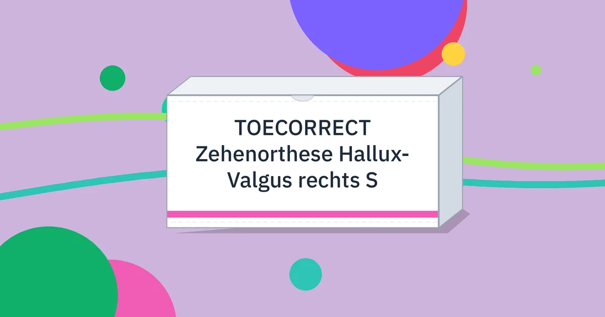 Symbolbild: Packung mit der Aufschrift TOECORRECT Zehenorthese Hallux-Valgus rechts S (PZN 17197544) – Verfügbarkeit und Bezug in Apotheken in Frankfurt am Main
