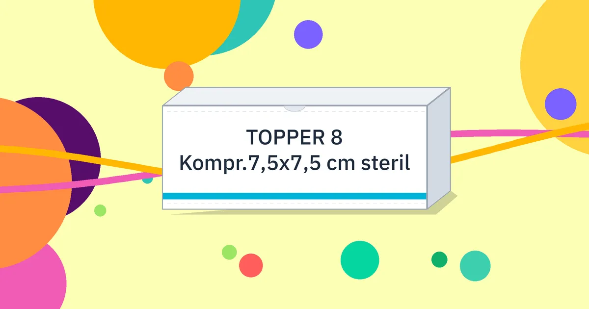 Symbolbild: Packung mit der Aufschrift TOPPER 8 Kompr.7,5x7,5 cm steril (PZN 03813318) – Verfügbarkeit und Bezug in Apotheken in Frankfurt am Main