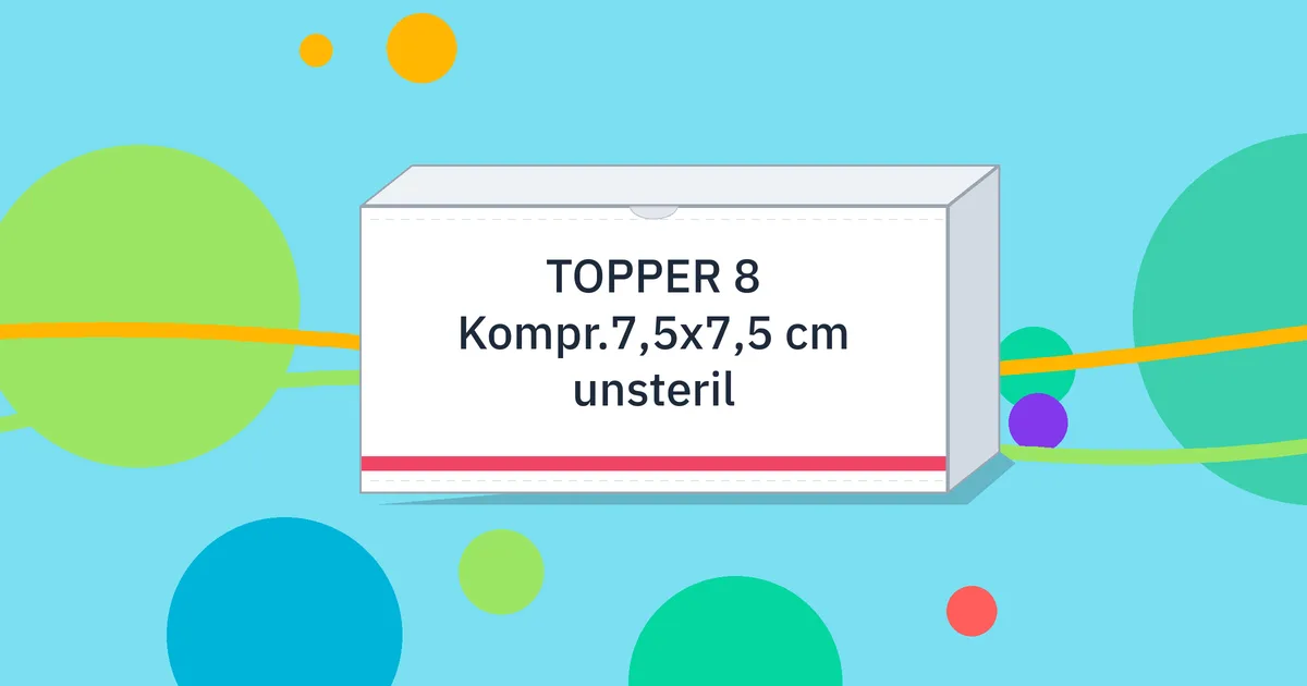 Symbolbild: Packung mit der Aufschrift TOPPER 8 Kompr.7,5x7,5 cm unsteril (PZN 01341022) – Verfügbarkeit und Bezug in Apotheken in Frankfurt am Main