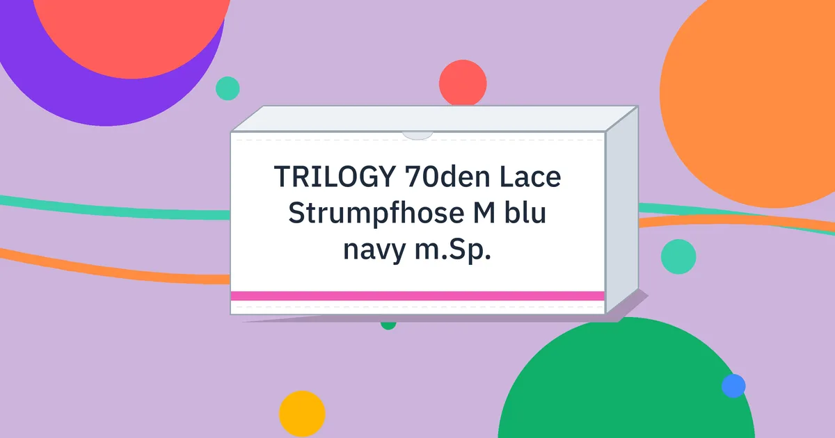 Symbolbild: Packung mit der Aufschrift TRILOGY 70den Lace Strumpfhose M blu navy m.Sp. (PZN 19165695) – Verfügbarkeit und Bezug in Apotheken in Frankfurt am Main