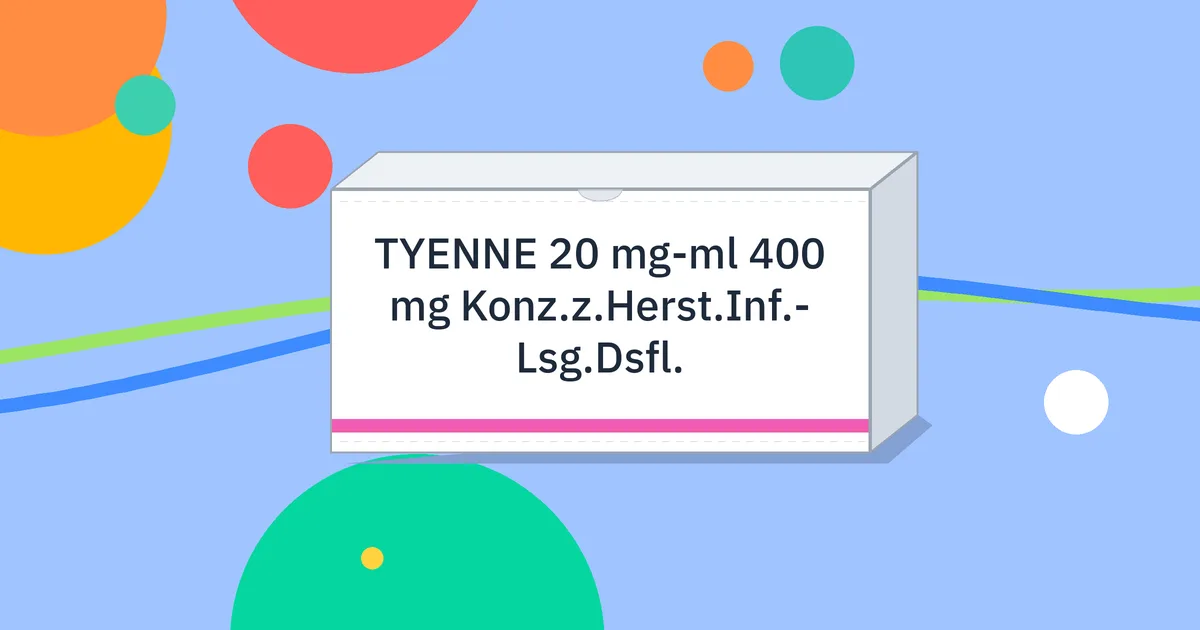 Symbolbild: Packung mit der Aufschrift TYENNE 20 mg-ml 400 mg Konz.z.Herst.Inf.-Lsg.Dsfl. (PZN 19836149) – Verfügbarkeit und Bezug in Apotheken in Frankfurt am Main