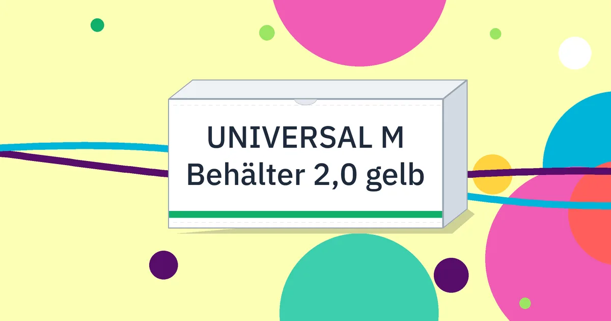 Symbolbild: Packung mit der Aufschrift UNIVERSAL M Behälter 2,0 gelb (PZN 07597509) – Verfügbarkeit und Bezug in Apotheken in Frankfurt am Main