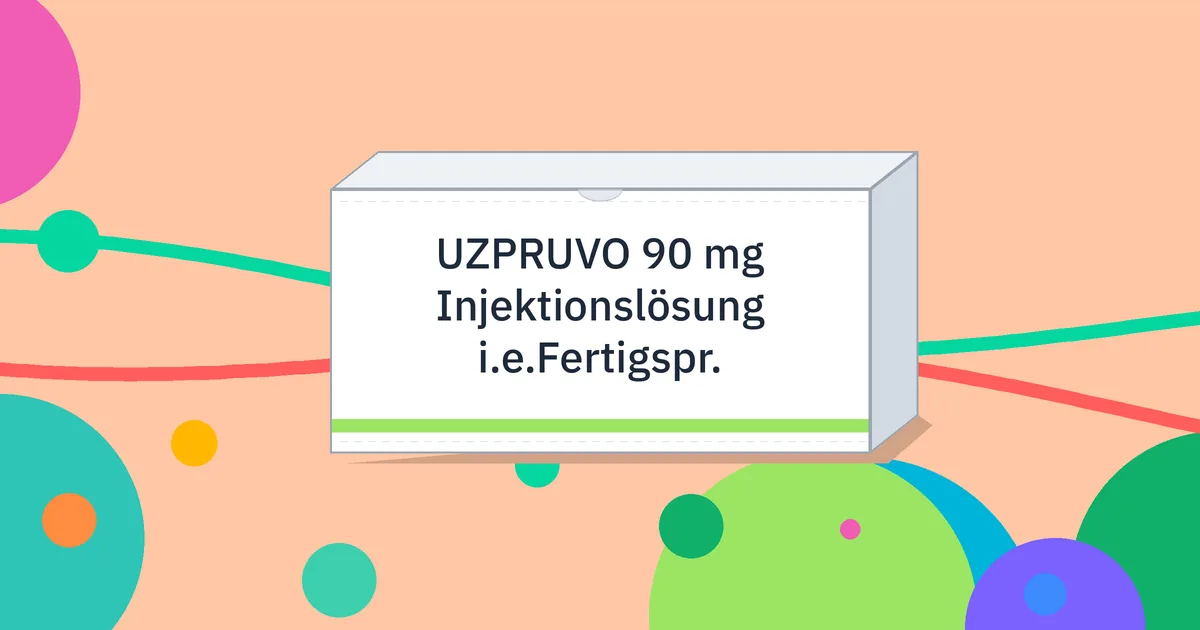 Symbolbild: Packung mit der Aufschrift UZPRUVO 90 mg Injektionslösung i.e.Fertigspr. (PZN 19518159) – Verfügbarkeit und Bezug in Apotheken in Frankfurt am Main