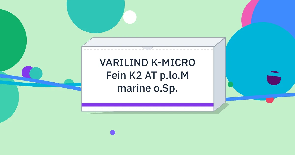 Symbolbild: Packung mit der Aufschrift VARILIND K-MICRO Fein K2 AT p.lo.M marine o.Sp. (PZN 20553646) – Verfügbarkeit und Bezug in Apotheken in Frankfurt am Main
