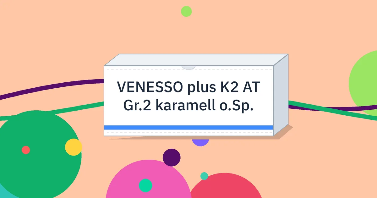 Symbolbild: Packung mit der Aufschrift VENESSO plus K2 AT Gr.2 karamell o.Sp. (PZN 13758649) – Verfügbarkeit und Bezug in Apotheken in Frankfurt am Main