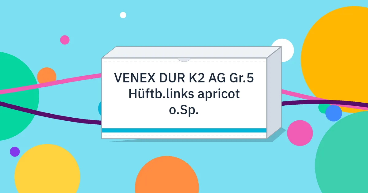 Symbolbild: Packung mit der Aufschrift VENEX DUR K2 AG Gr.5 Hüftb.links apricot o.Sp. (PZN 03231148) – Verfügbarkeit und Bezug in Apotheken in Frankfurt am Main