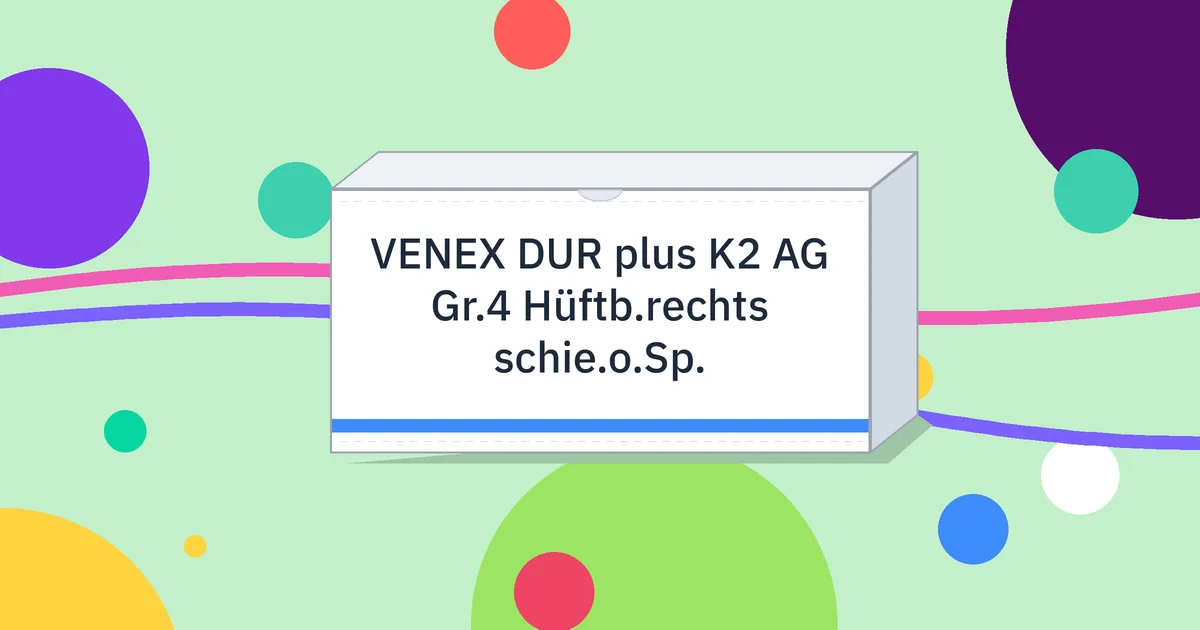 Symbolbild: Packung mit der Aufschrift VENEX DUR plus K2 AG Gr.4 Hüftb.rechts schie.o.Sp. (PZN 03242778) – Verfügbarkeit und Bezug in Apotheken in Frankfurt am Main