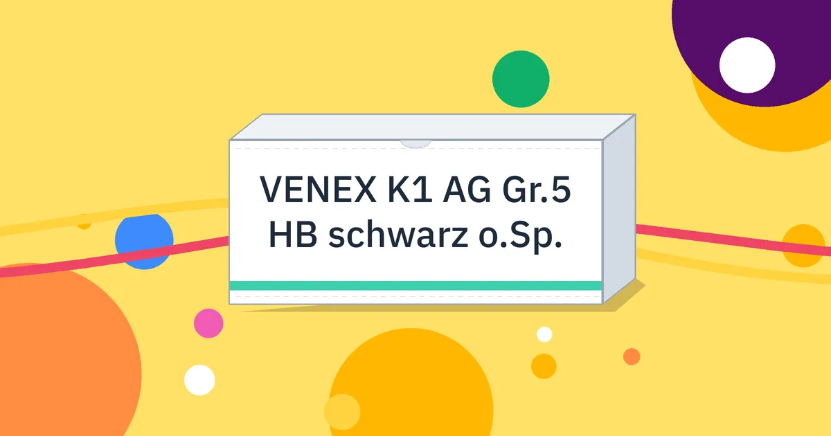 Symbolbild: Packung mit der Aufschrift VENEX K1 AG Gr.5 HB schwarz o.Sp. (PZN 03194298) – Verfügbarkeit und Bezug in Apotheken in Frankfurt am Main