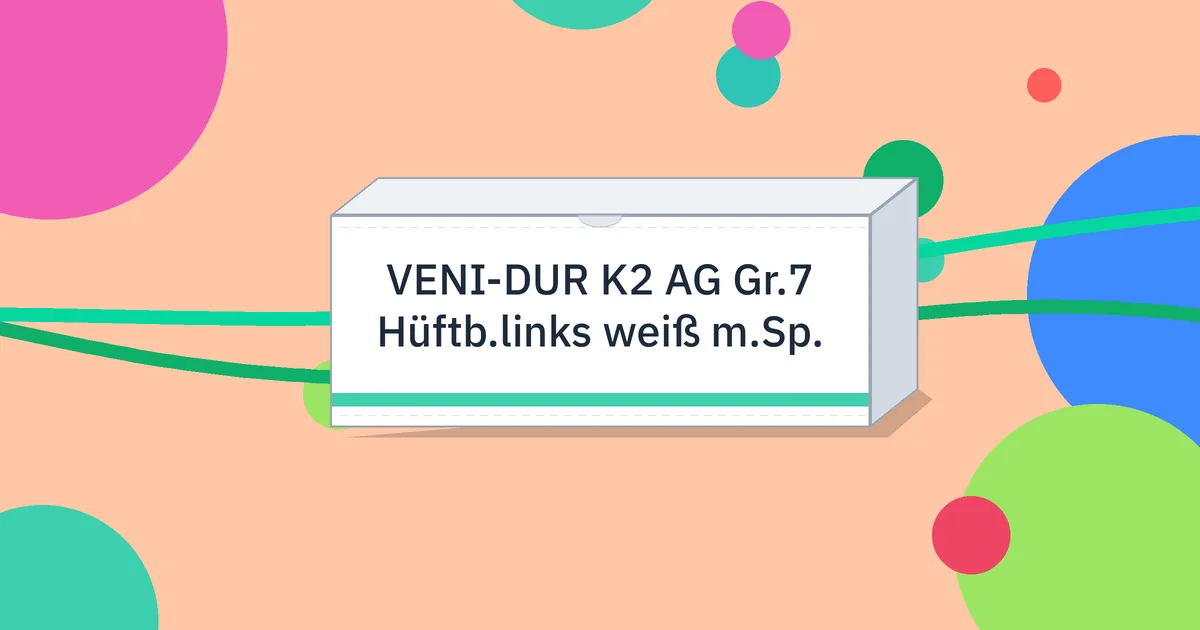 Symbolbild: Packung mit der Aufschrift VENI-DUR K2 AG Gr.7 Hüftb.links weiß m.Sp. (PZN 03250849) – Verfügbarkeit und Bezug in Apotheken in Frankfurt am Main