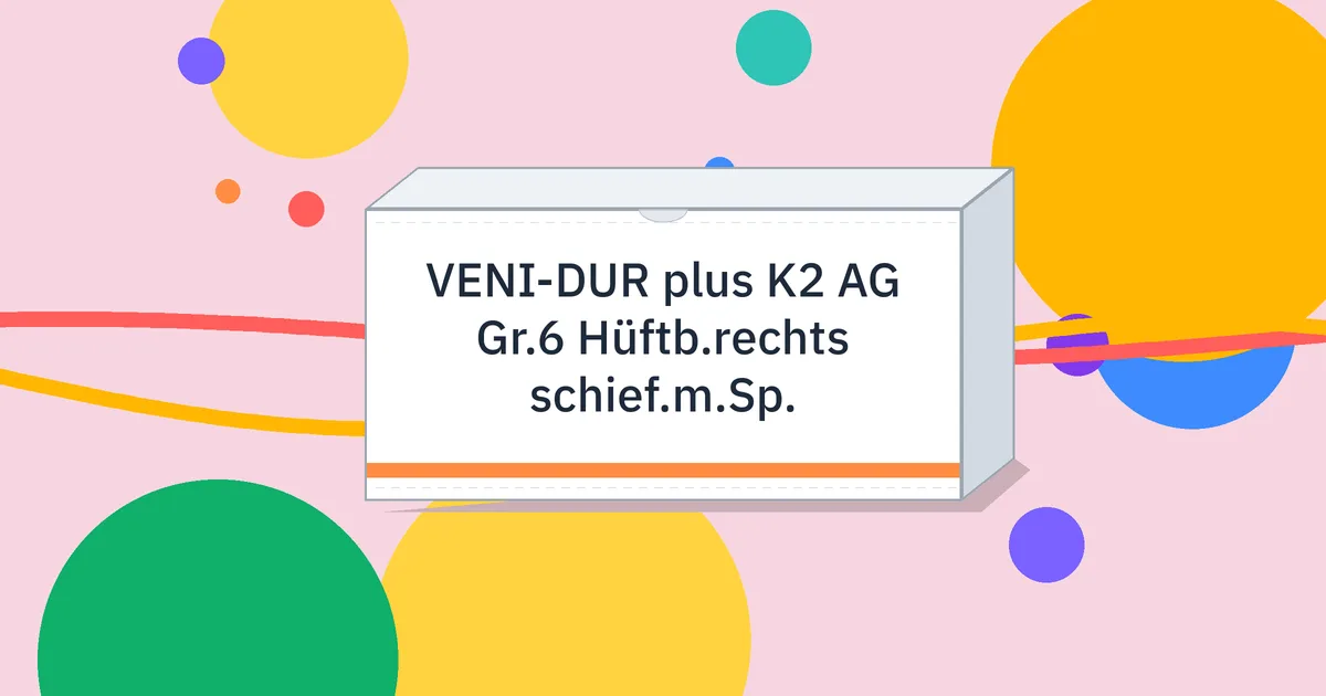 Symbolbild: Packung mit der Aufschrift VENI-DUR plus K2 AG Gr.6 Hüftb.rechts schief.m.Sp. (PZN 03256585) – Verfügbarkeit und Bezug in Apotheken in Frankfurt am Main
