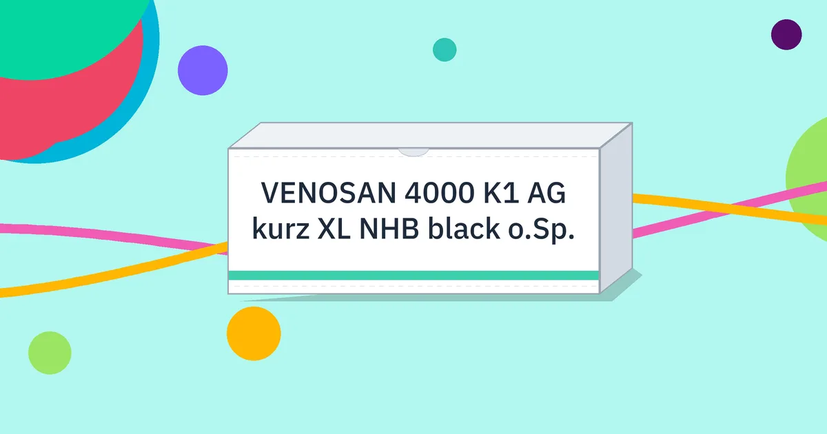 Symbolbild: Packung mit der Aufschrift VENOSAN 4000 K1 AG kurz XL NHB black o.Sp. (PZN 14427050) – Verfügbarkeit und Bezug in Apotheken in Frankfurt am Main