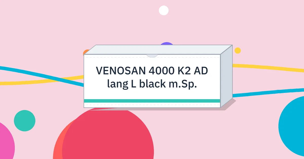 Symbolbild: Packung mit der Aufschrift VENOSAN 4000 K2 AD lang L black m.Sp. (PZN 14427185) – Verfügbarkeit und Bezug in Apotheken in Frankfurt am Main