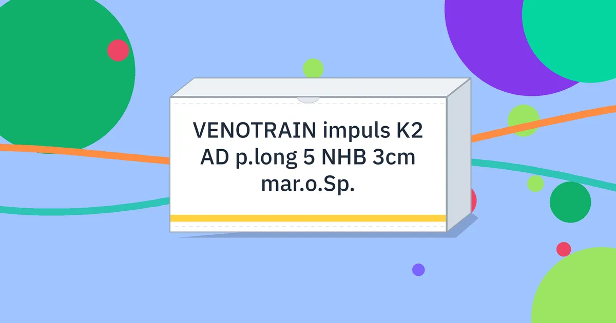 Symbolbild: Packung mit der Aufschrift VENOTRAIN impuls K2 AD p.long 5 NHB 3cm mar.o.Sp. (PZN 15223987) – Verfügbarkeit und Bezug in Apotheken in Frankfurt am Main