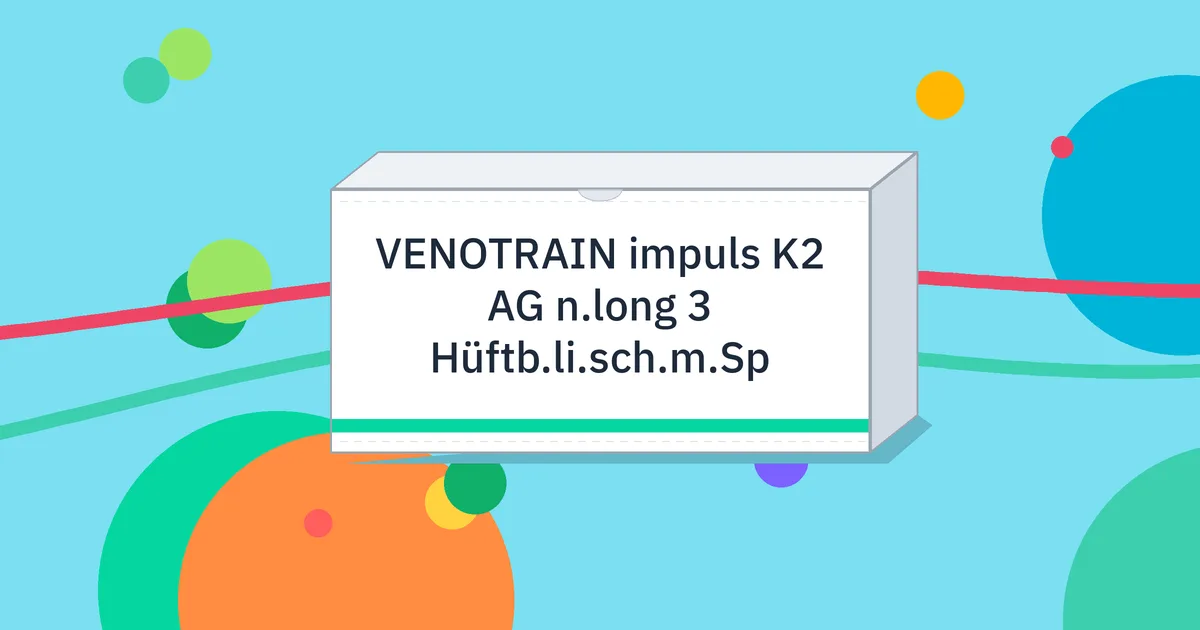Symbolbild: Packung mit der Aufschrift VENOTRAIN impuls K2 AG n.long 3 Hüftb.li.sch.m.Sp (PZN 10294764) – Verfügbarkeit und Bezug in Apotheken in Frankfurt am Main