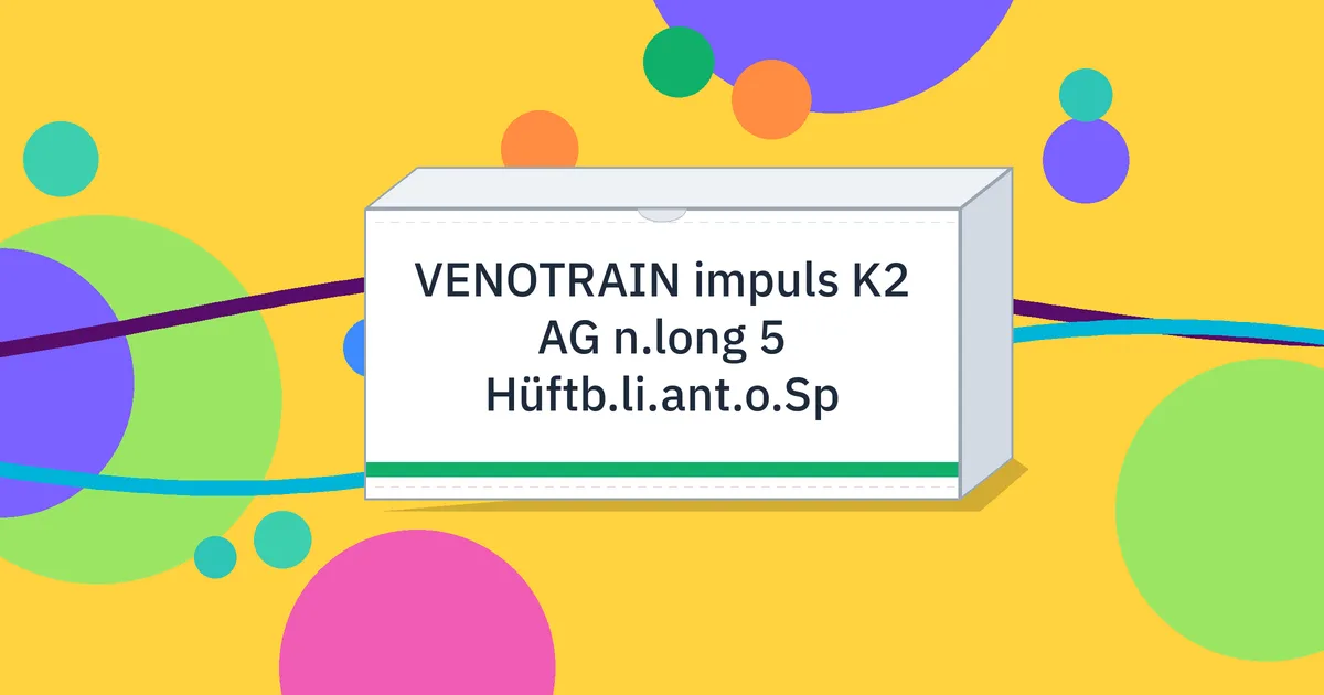 Symbolbild: Packung mit der Aufschrift VENOTRAIN impuls K2 AG n.long 5 Hüftb.li.ant.o.Sp (PZN 15219721) – Verfügbarkeit und Bezug in Apotheken in Frankfurt am Main