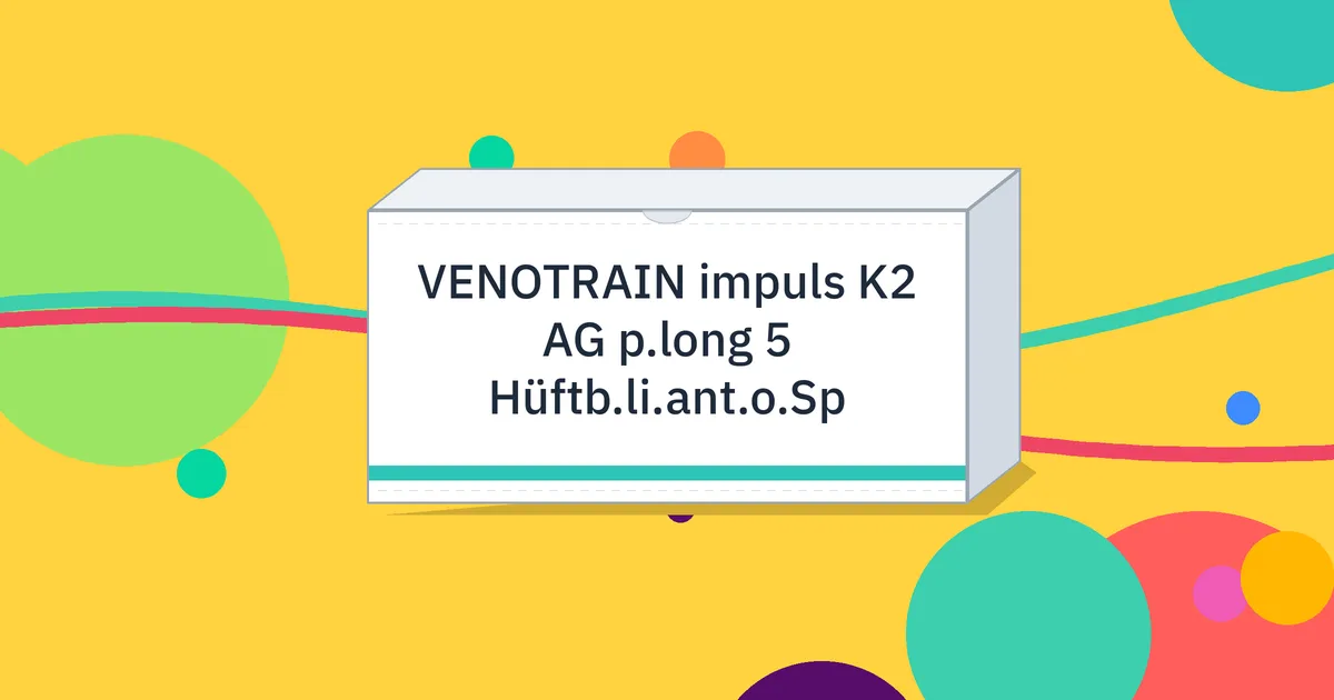 Symbolbild: Packung mit der Aufschrift VENOTRAIN impuls K2 AG p.long 5 Hüftb.li.ant.o.Sp (PZN 15219885) – Verfügbarkeit und Bezug in Apotheken in Frankfurt am Main