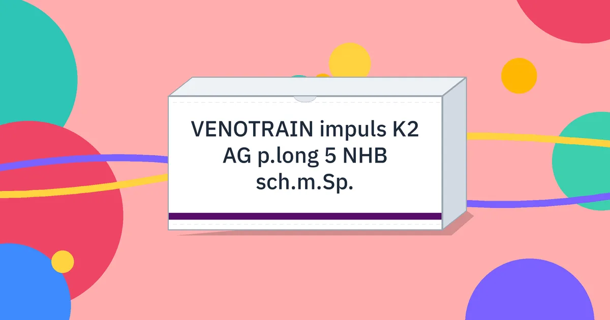 Symbolbild: Packung mit der Aufschrift VENOTRAIN impuls K2 AG p.long 5 NHB sch.m.Sp. (PZN 00517393) – Verfügbarkeit und Bezug in Apotheken in Frankfurt am Main