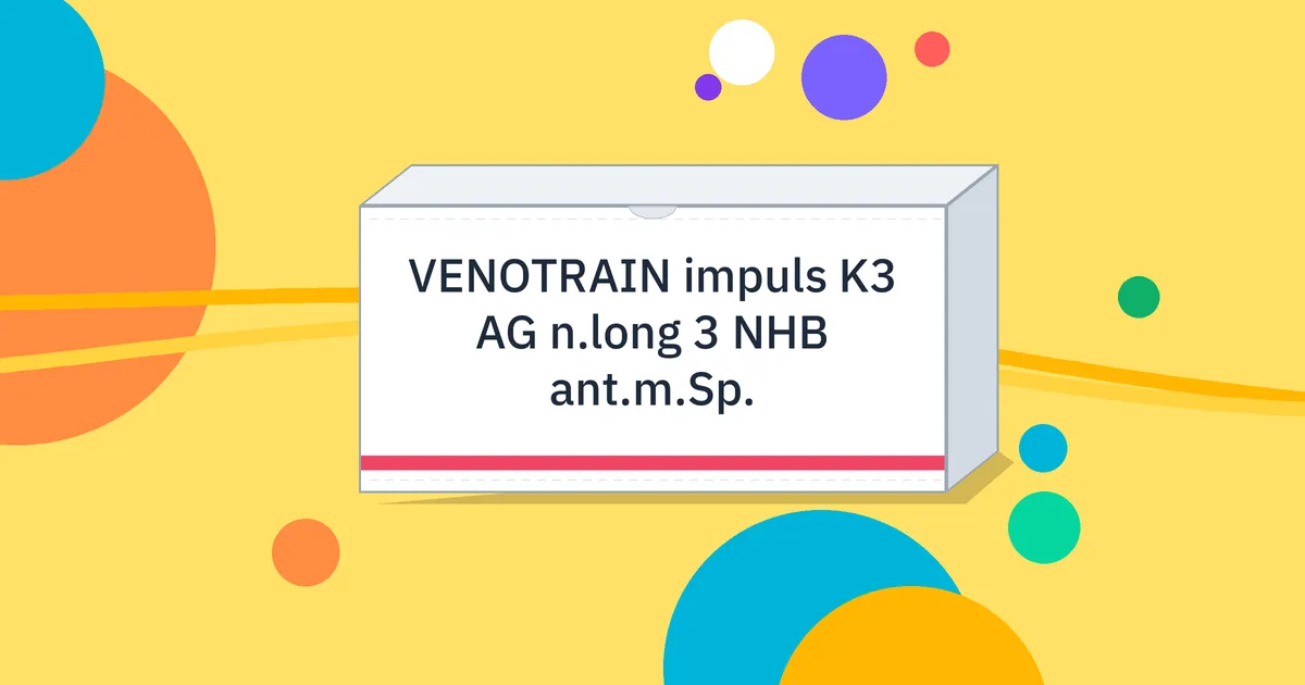 Symbolbild: Packung mit der Aufschrift VENOTRAIN impuls K3 AG n.long 3 NHB ant.m.Sp. (PZN 15215887) – Verfügbarkeit und Bezug in Apotheken in Frankfurt am Main