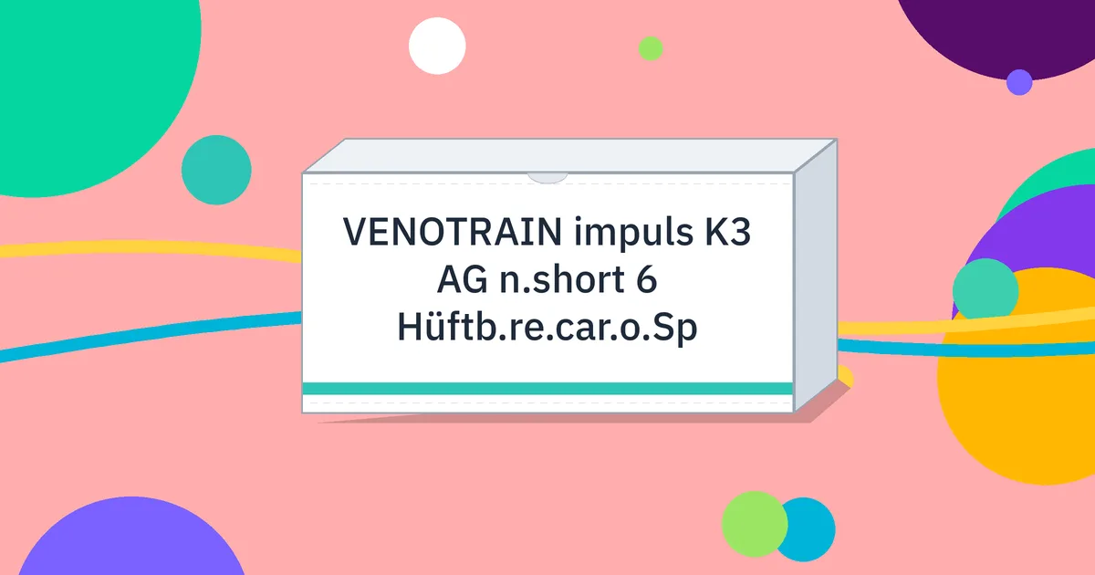 Symbolbild: Packung mit der Aufschrift VENOTRAIN impuls K3 AG n.short 6 Hüftb.re.car.o.Sp (PZN 08422806) – Verfügbarkeit und Bezug in Apotheken in Frankfurt am Main