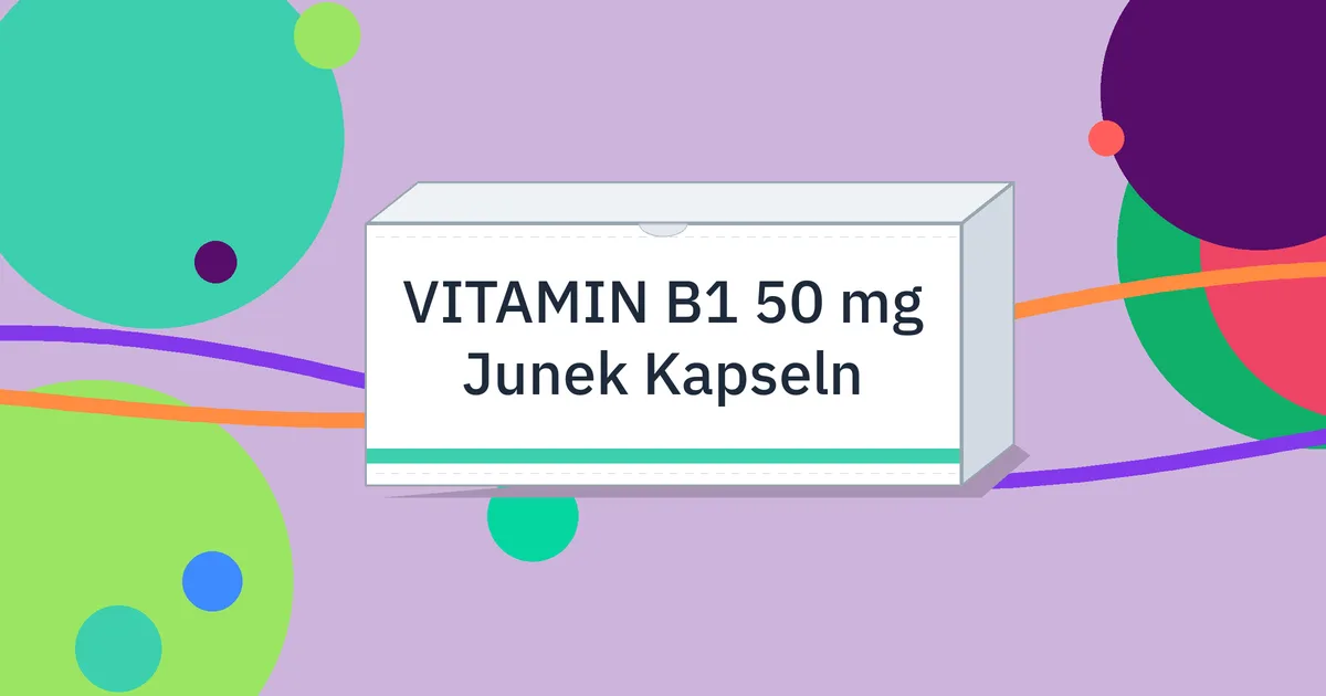 Symbolbild: Packung mit der Aufschrift VITAMIN B1 50 mg Junek Kapseln (PZN 16572023) – Verfügbarkeit und Bezug in Apotheken in Frankfurt am Main