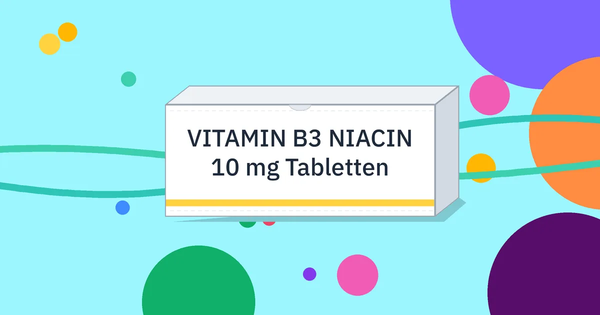 Symbolbild: Packung mit der Aufschrift VITAMIN B3 NIACIN 10 mg Tabletten (PZN 19708084) – Verfügbarkeit und Bezug in Apotheken in Frankfurt am Main