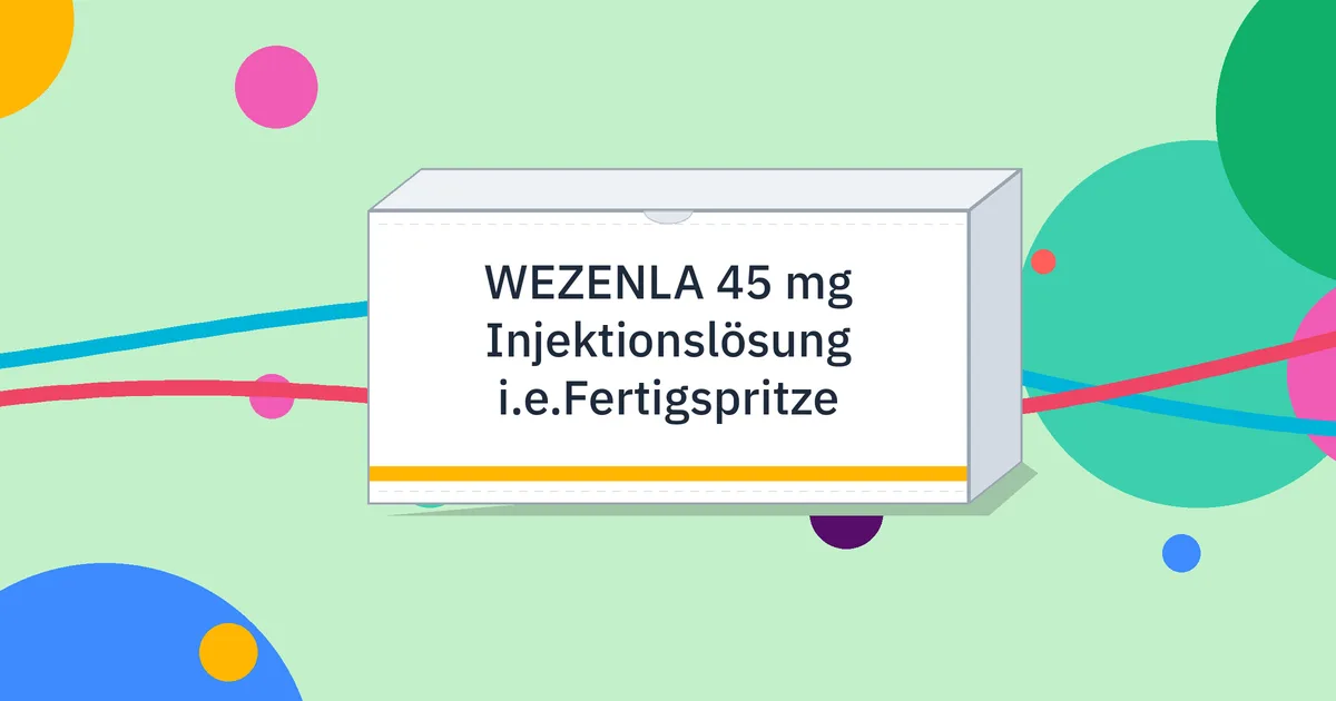 Symbolbild: Packung mit der Aufschrift WEZENLA 45 mg Injektionslösung i.e.Fertigspritze (PZN 19873564) – Verfügbarkeit und Bezug in Apotheken in Frankfurt am Main