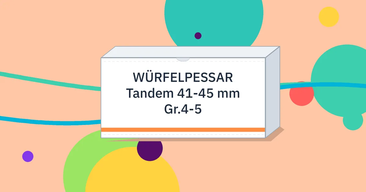 Symbolbild: Packung mit der Aufschrift WÜRFELPESSAR Tandem 41-45 mm Gr.4-5 (PZN 06499271) – Verfügbarkeit und Bezug in Apotheken in Frankfurt am Main