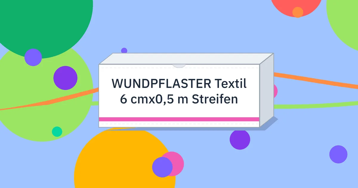 Symbolbild: Packung mit der Aufschrift WUNDPFLASTER Textil 6 cmx0,5 m Streifen (PZN 11025546) – Verfügbarkeit und Bezug in Apotheken in Frankfurt am Main
