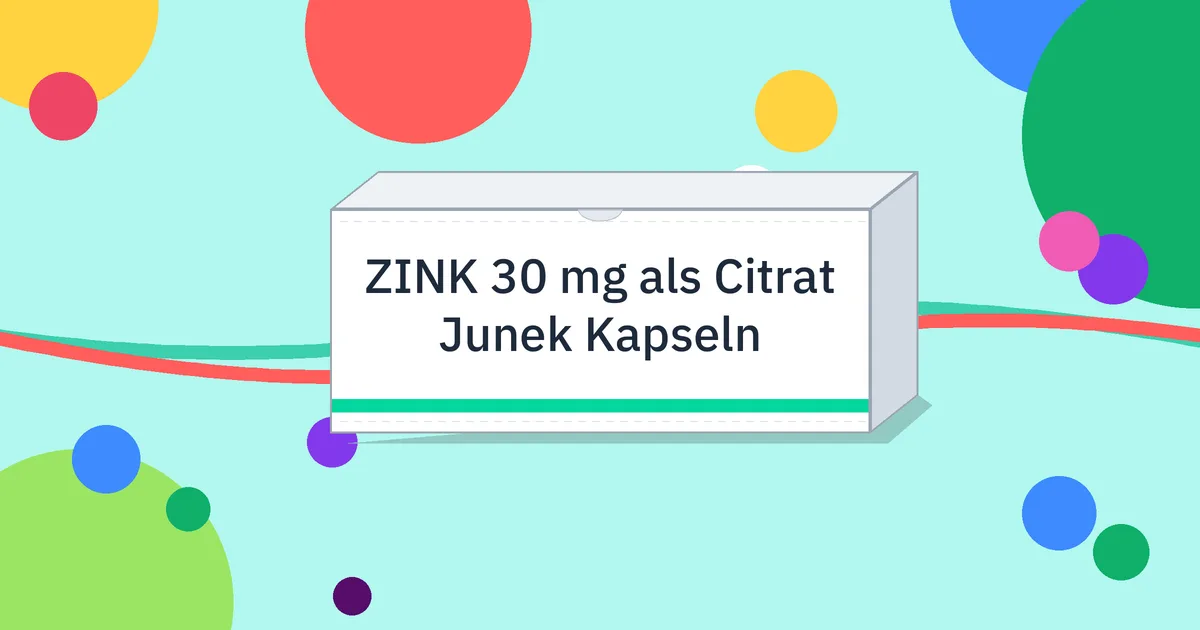 Symbolbild: Packung mit der Aufschrift ZINK 30 mg als Citrat Junek Kapseln (PZN 20284034) – Verfügbarkeit und Bezug in Apotheken in Frankfurt am Main