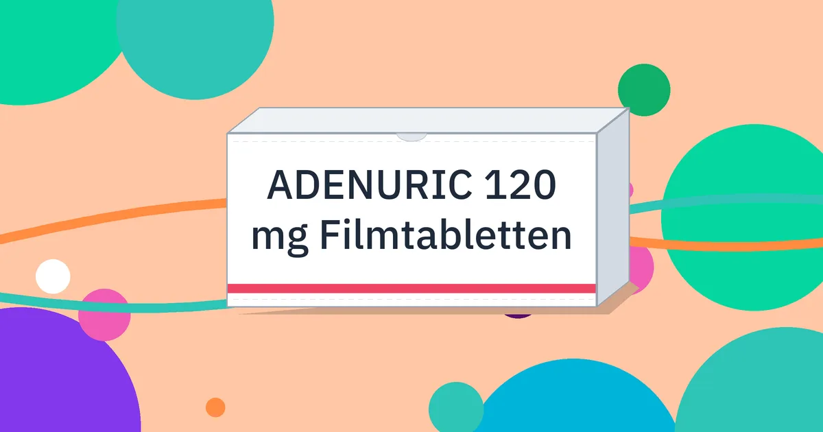 Symbolbild: Packung mit der Aufschrift ADENURIC 120 mg Filmtabletten (PZN 14260578) – Verfügbarkeit und Bezug in Apotheken in Frankfurt am Main