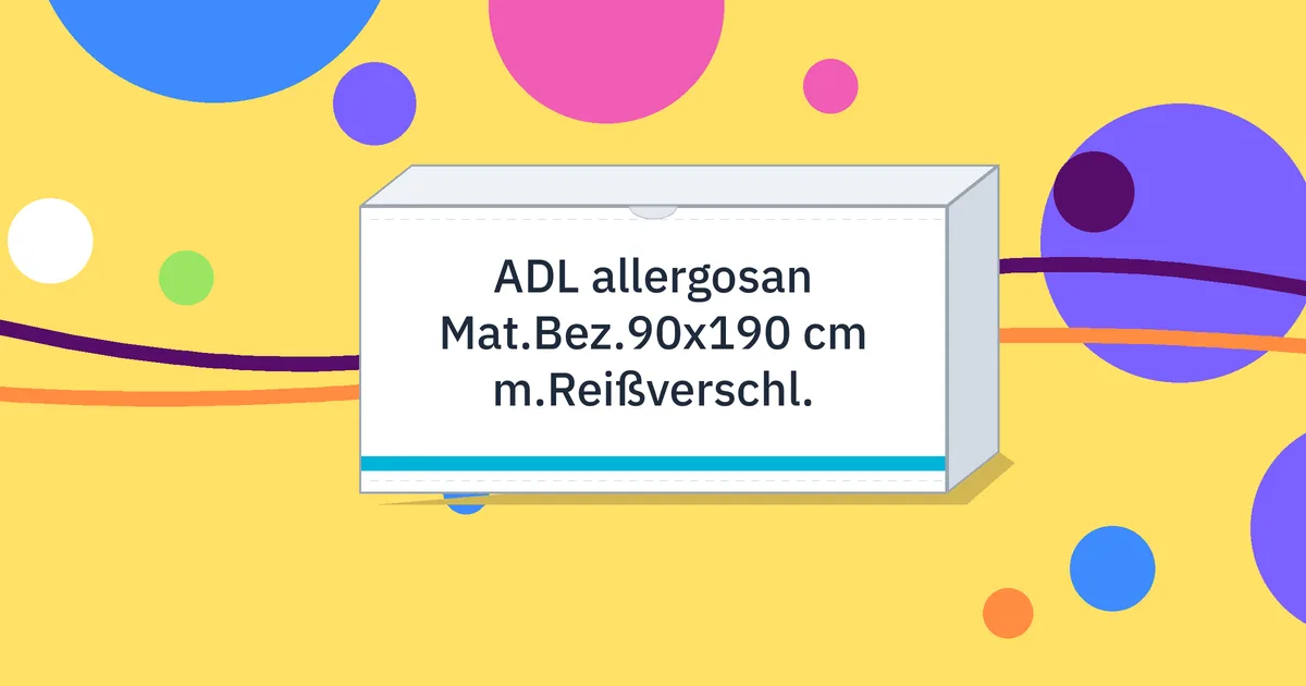 Symbolbild: Packung mit der Aufschrift ADL allergosan Mat.Bez.90x190 cm m.Reißverschl. (PZN 08858627) – Verfügbarkeit und Bezug in Apotheken in Frankfurt am Main