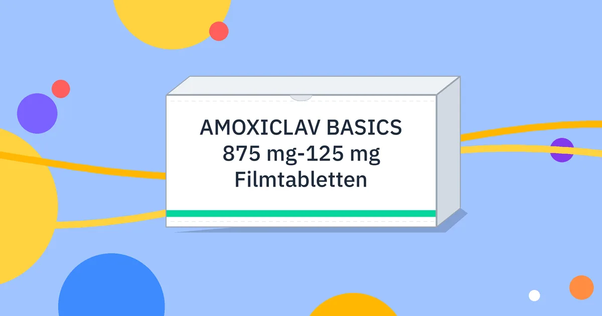 Symbolbild: Packung mit der Aufschrift AMOXICLAV BASICS 875 mg-125 mg Filmtabletten (PZN 17397243) – Verfügbarkeit und Bezug in Apotheken in Frankfurt am Main