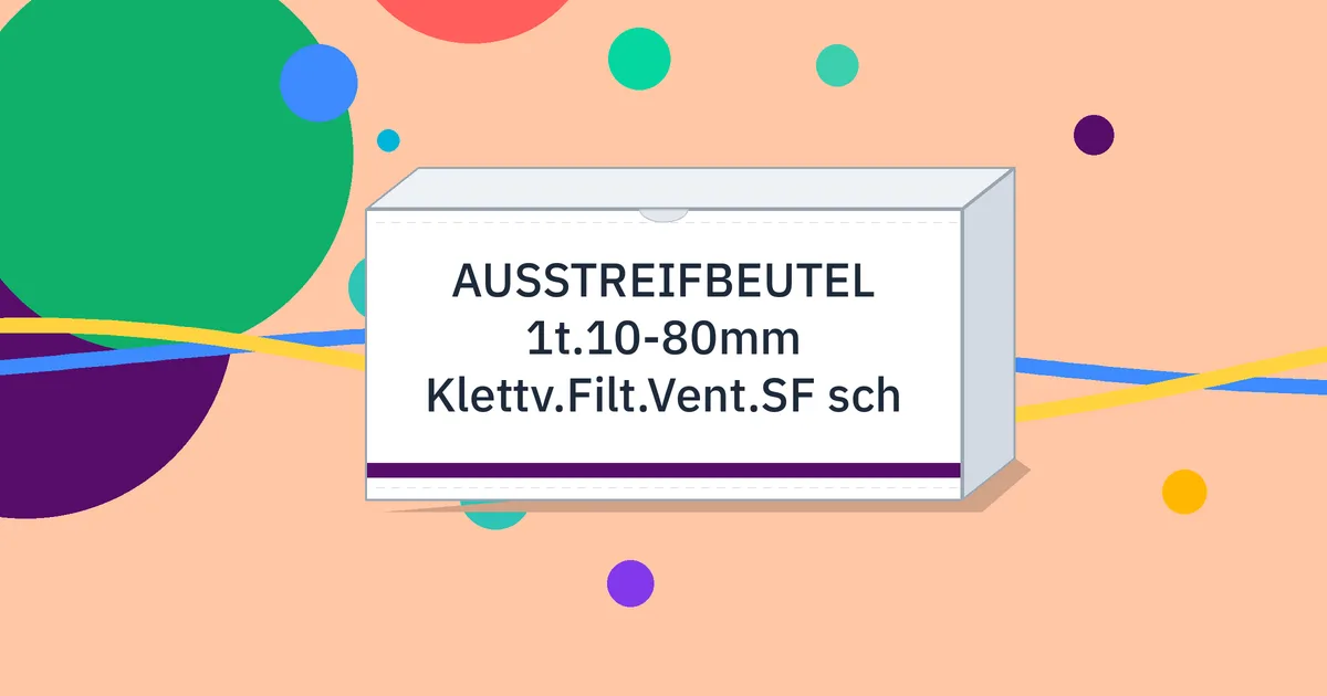 Symbolbild: Packung mit der Aufschrift AUSSTREIFBEUTEL 1t.10-80mm Klettv.Filt.Vent.SF sch (PZN 18424019) – Verfügbarkeit und Bezug in Apotheken in Frankfurt am Main