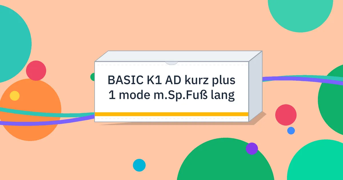 Symbolbild: Packung mit der Aufschrift BASIC K1 AD kurz plus 1 mode m.Sp.Fuß lang (PZN 20257250) – Verfügbarkeit und Bezug in Apotheken in Frankfurt am Main
