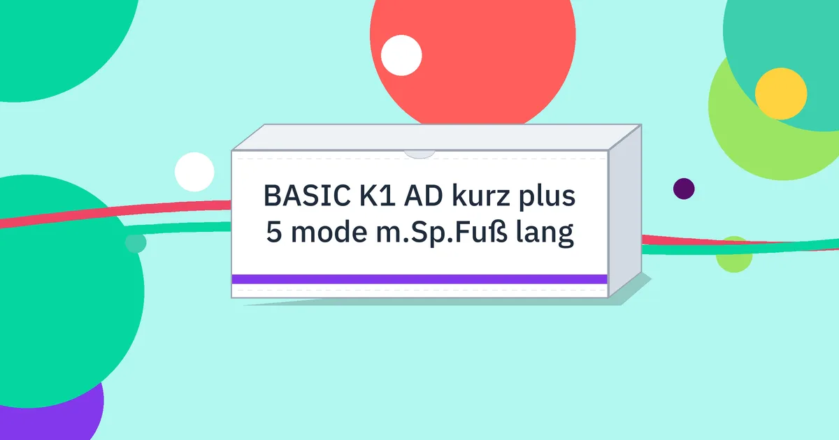 Symbolbild: Packung mit der Aufschrift BASIC K1 AD kurz plus 5 mode m.Sp.Fuß lang (PZN 20259042) – Verfügbarkeit und Bezug in Apotheken in Frankfurt am Main