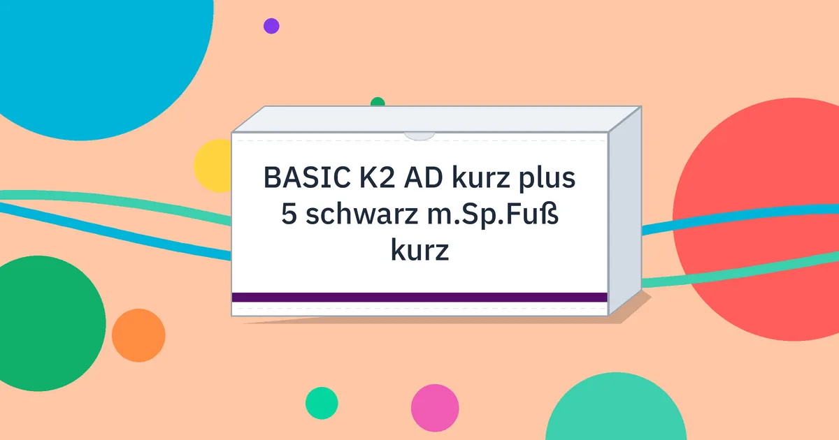 Symbolbild: Packung mit der Aufschrift BASIC K2 AD kurz plus 5 schwarz m.Sp.Fuß kurz (PZN 20265261) – Verfügbarkeit und Bezug in Apotheken in Frankfurt am Main