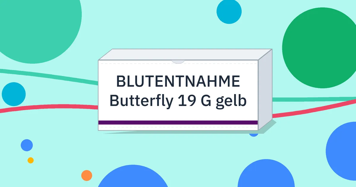 Symbolbild: Packung mit der Aufschrift BLUTENTNAHME Butterfly 19 G gelb (PZN 09618888) – Verfügbarkeit und Bezug in Apotheken in Frankfurt am Main