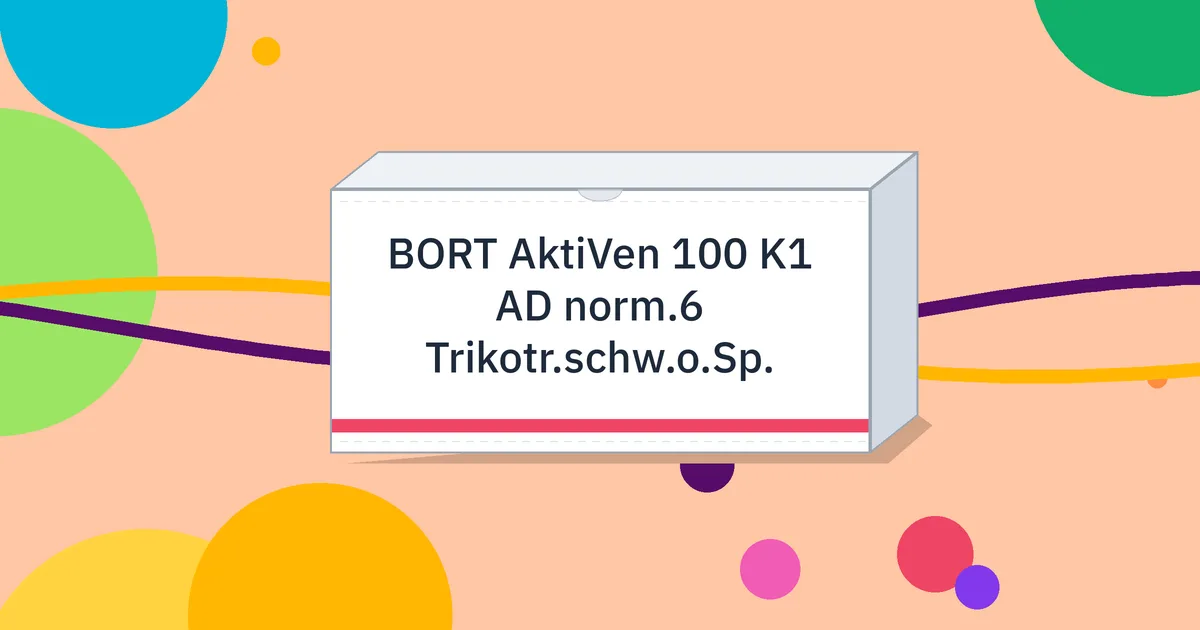 Symbolbild: Packung mit der Aufschrift BORT AktiVen 100 K1 AD norm.6 Trikotr.schw.o.Sp. (PZN 14386919) – Verfügbarkeit und Bezug in Apotheken in Frankfurt am Main